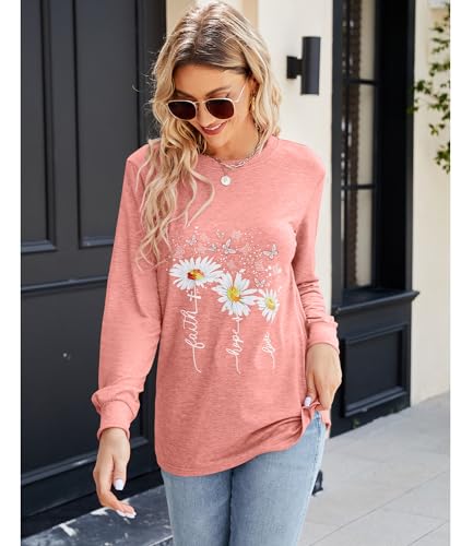 JNIFULI Womens Casual Long Sleeve Tunic Tops Funny Letter Sunflower Print Side Split Loose Fit Pullover T Shirts