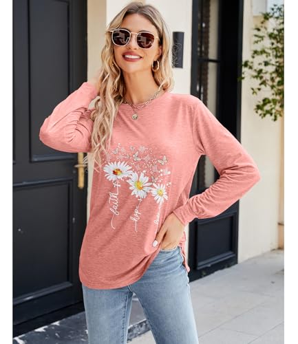 JNIFULI Womens Casual Long Sleeve Tunic Tops Funny Letter Sunflower Print Side Split Loose Fit Pullover T Shirts