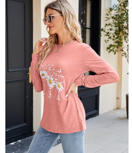 JNIFULI Womens Casual Long Sleeve Tunic Tops Funny Letter Sunflower Print Side Split Loose Fit Pullover T Shirts