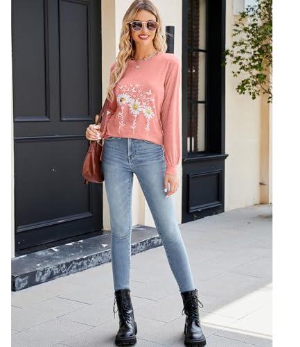 JNIFULI Womens Casual Long Sleeve Tunic Tops Funny Letter Sunflower Print Side Split Loose Fit Pullover T Shirts
