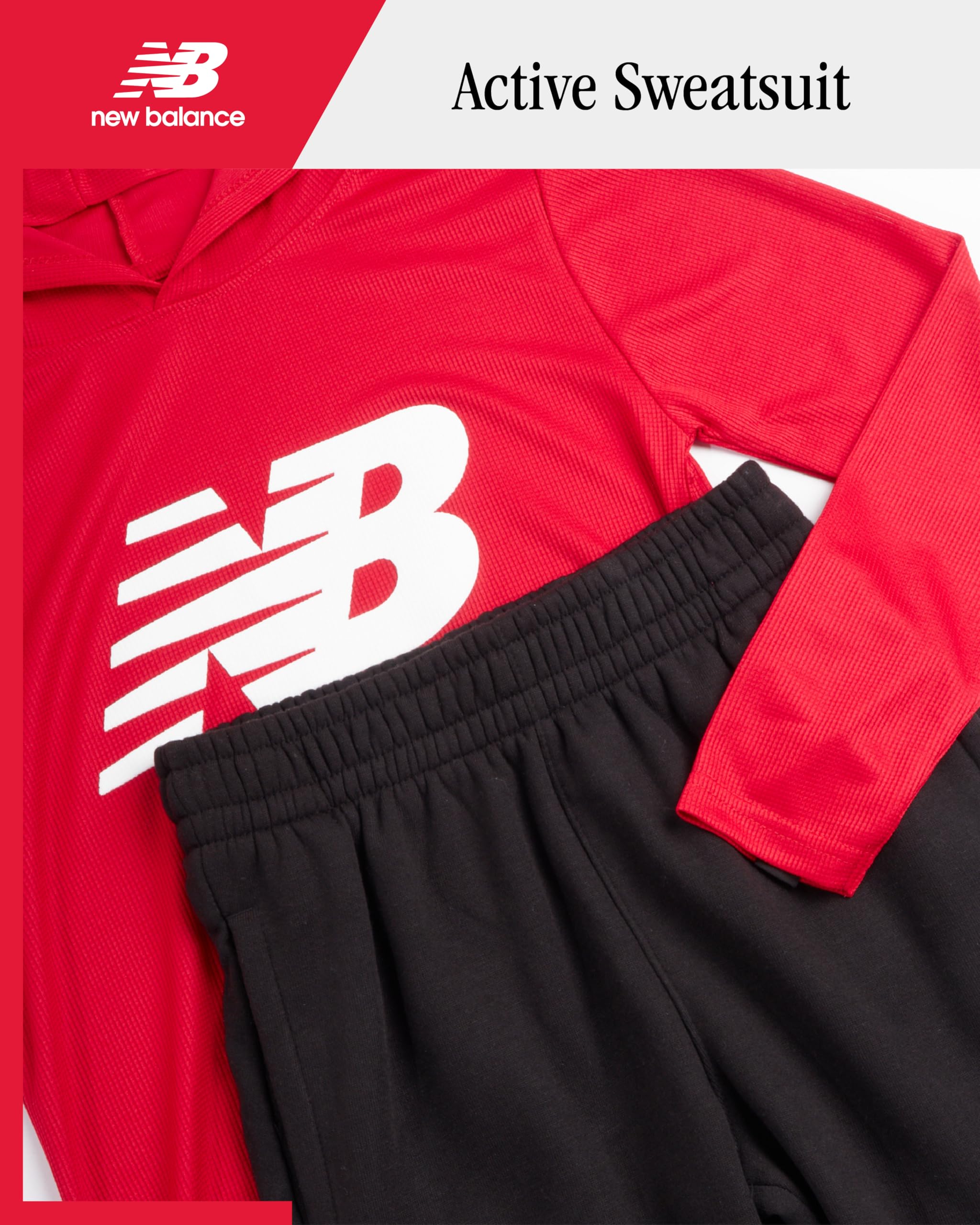 New Balance Boys' Active Sweatsuit - 2 Piece Waffle Knit Hoodie Sweatshirt and Sweatpants - Jogger Pants Set for Boys, 7-12, Size 8, RedBlack