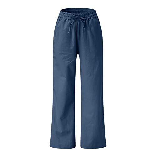 GRBOZC Baggy Pants Women's Casual Elastic Waistband Cotton Linen Palazzo Trousers Lightweight Pull On Long Lounge Pants Blue