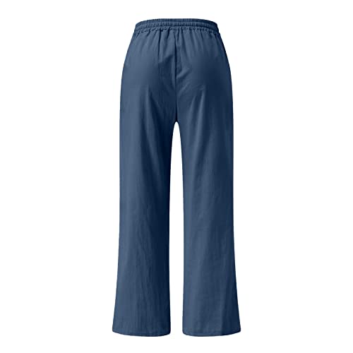 GRBOZC Baggy Pants Women's Casual Elastic Waistband Cotton Linen Palazzo Trousers Lightweight Pull On Long Lounge Pants Blue