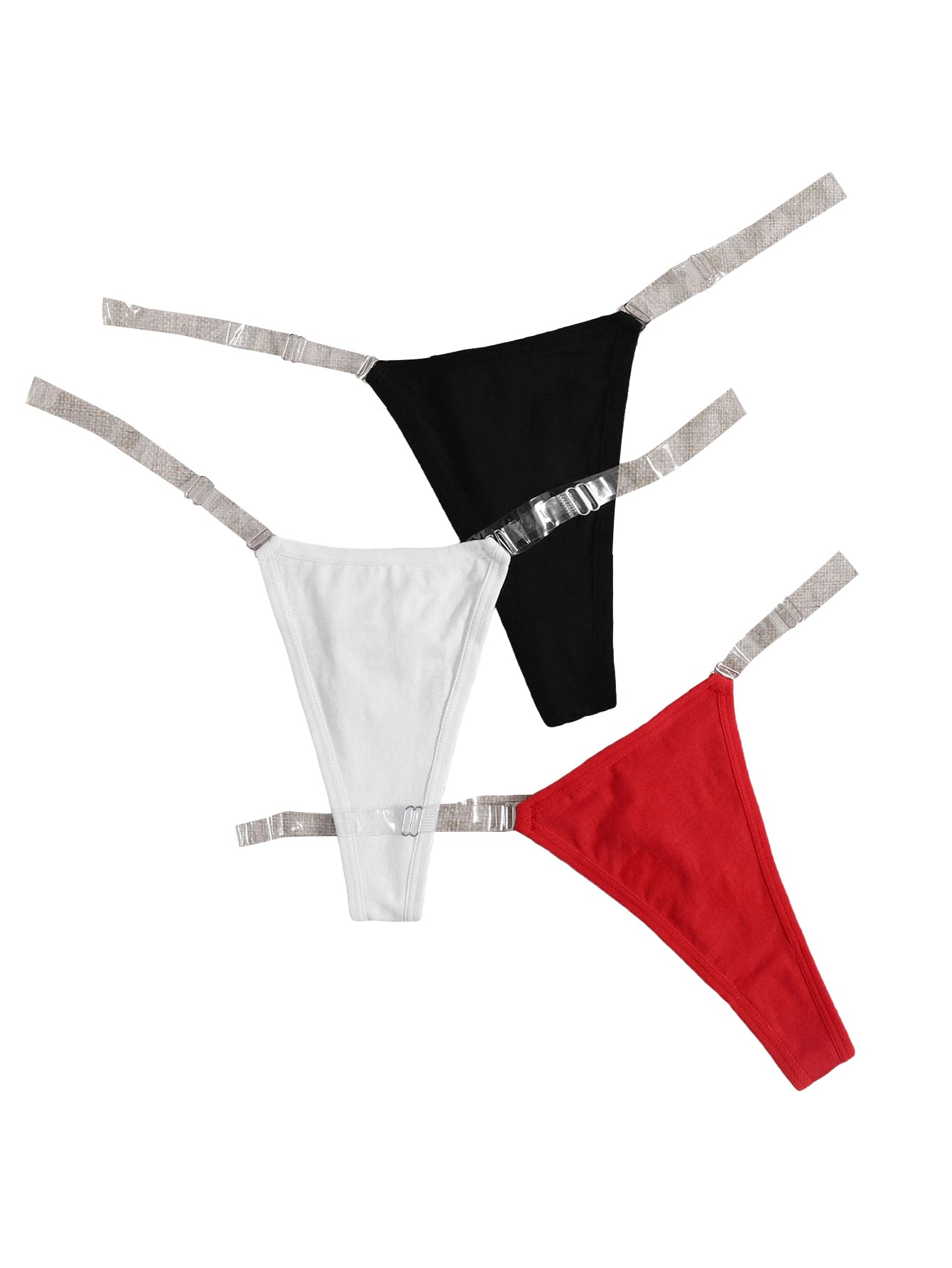 Verdusa Women's 3 Pack Clear Strap Thong Panties Invisible G String Black Red White M