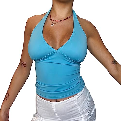 HOTOLP Halter Crop Tops for Women Sexy Deep V Neck Backless Going Out Tops Sleeveless Tie Back Cami Y2k Workout Tank Top (S Blue)