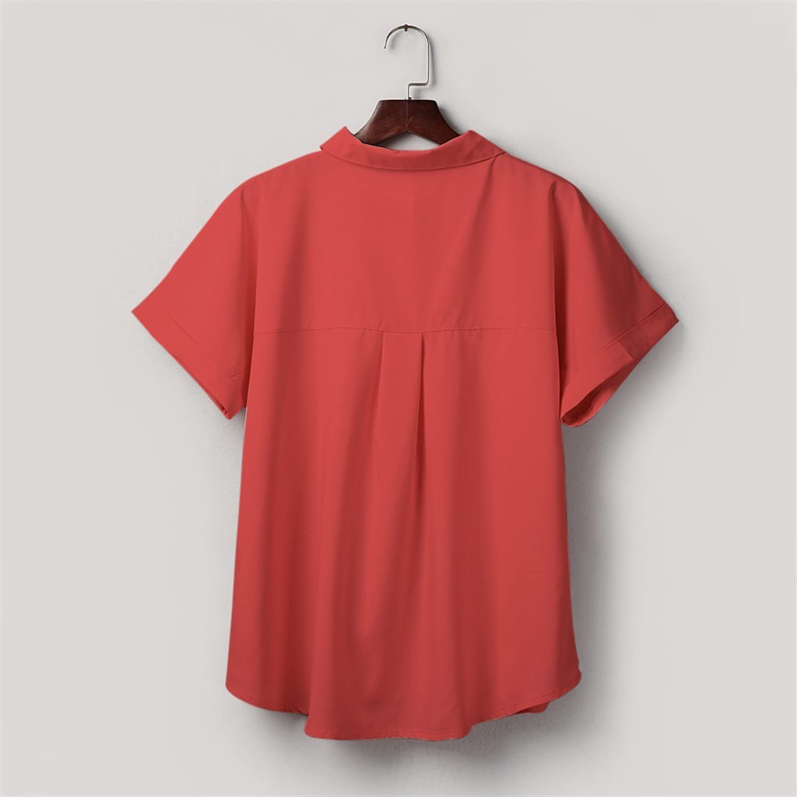 Linen Button Down Shirt Women Womens Dressy Blouses Elegant Short Sleeve Button Down Shirts Summer Causal V Neck Collared Shirt Classic Work Tops Red 2X