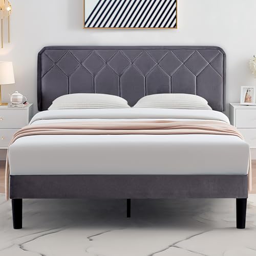 VECELO Queen Size Bed Frame Premium Upholstered Platform with Height Adjustable Headboard/Mattress Foundation Solid Wooden Slat Support, No Box Spring Needed/Easy Assembly, Dark Grey