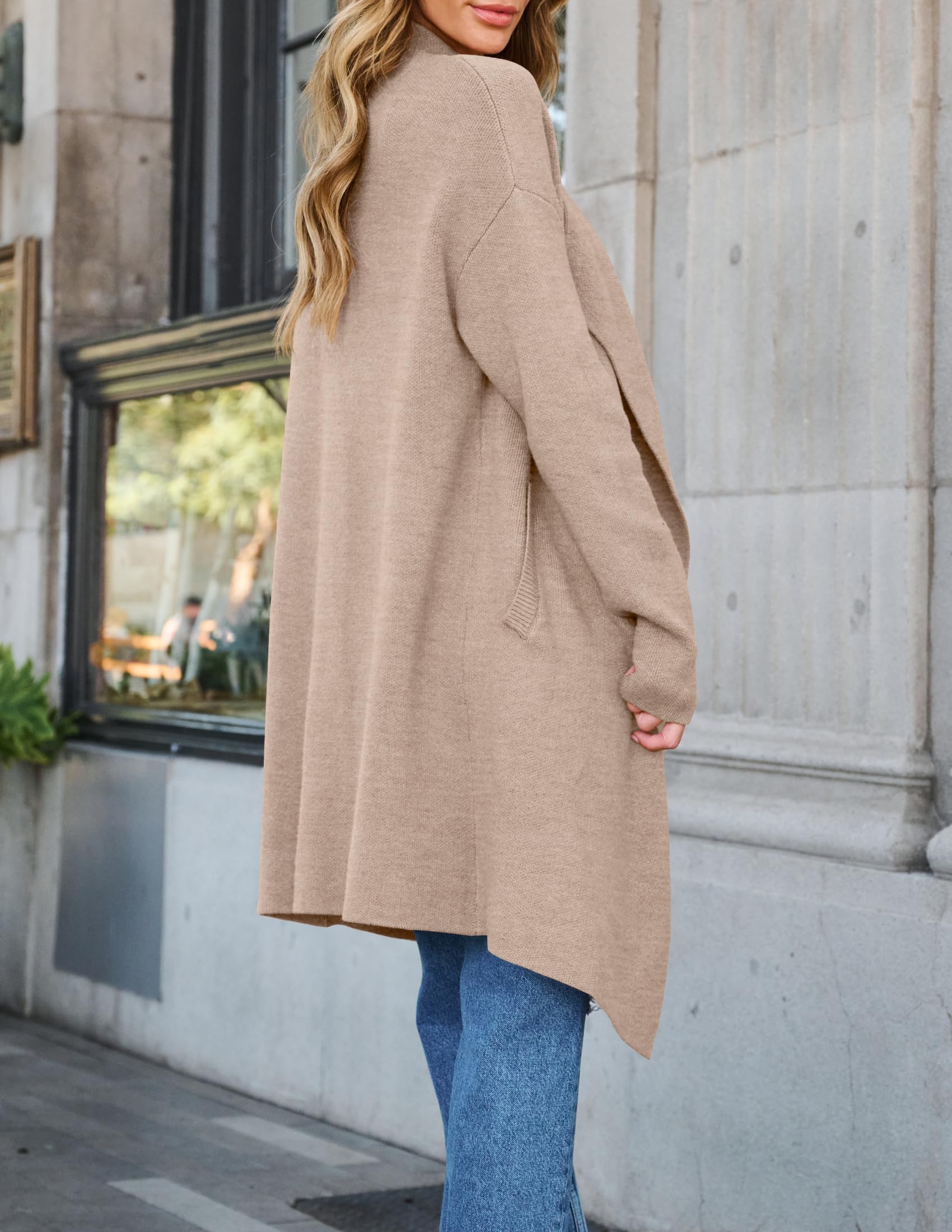 ZESICA Women's Casual Lapel Cardigan Long Sleeve Open Front Irregular Hem Soft Knitted Sweater Coat with Pockets,Oats,Medium