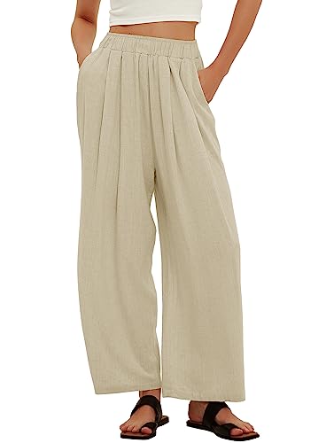 Beaully Women Linen Pants High Waist Wide Leg Palazzo Pants Casual Loose Long Trousers with Pockets 6096 Apricot Small