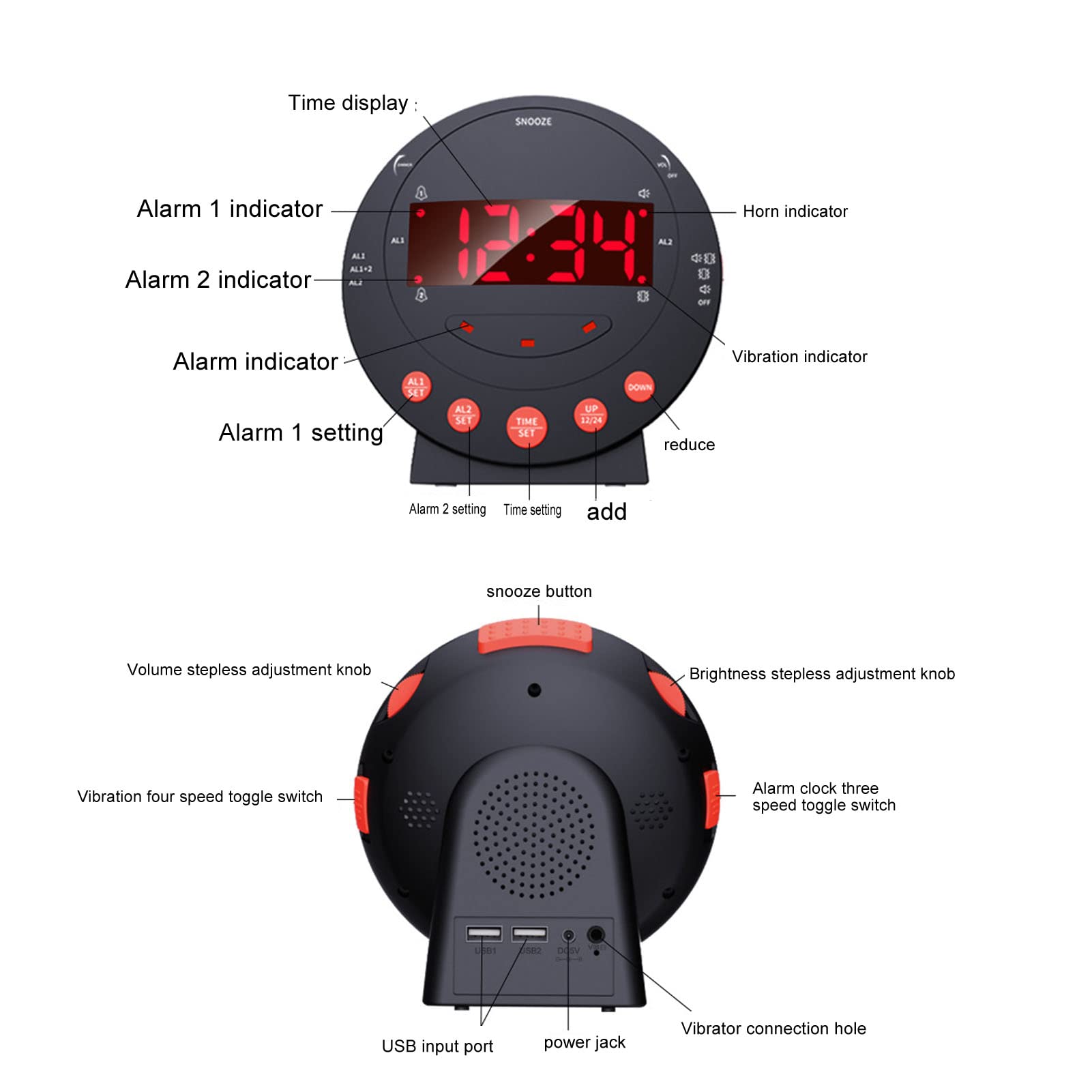 Alarm Clock 113 Decibels Sonic Vibrating Alarm Clock Red Flashing Light Super Shaker Extra Alarm Clock for Student Adult Elder