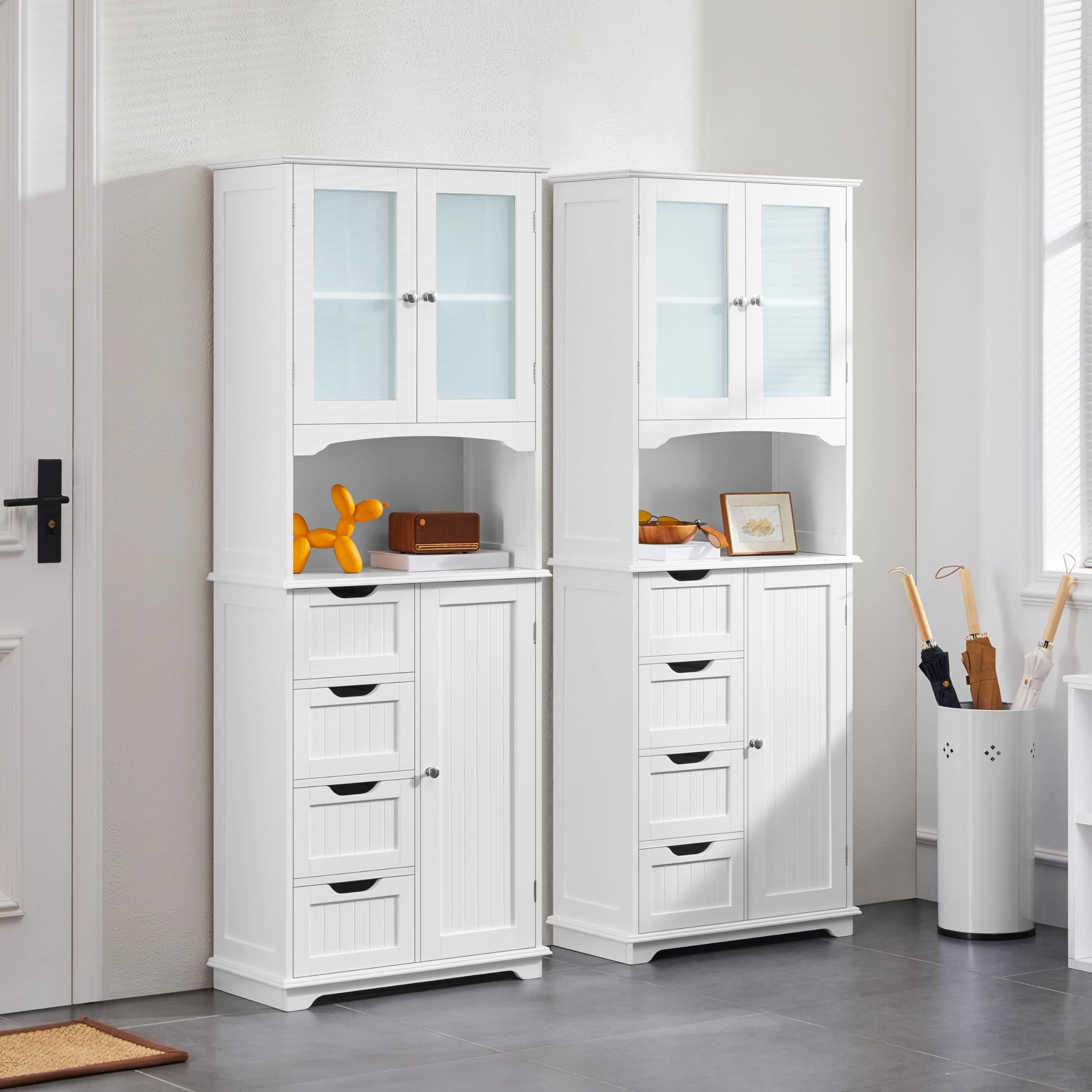 Topeakmart 65.5″ Tall Storage Cabinet Kitchen Cupboard with Glass Door Freestanding Floor Cabinet with Open Compartment, Drawer, Adjustable Shelf for Bathroom, Kitchen, Living Room