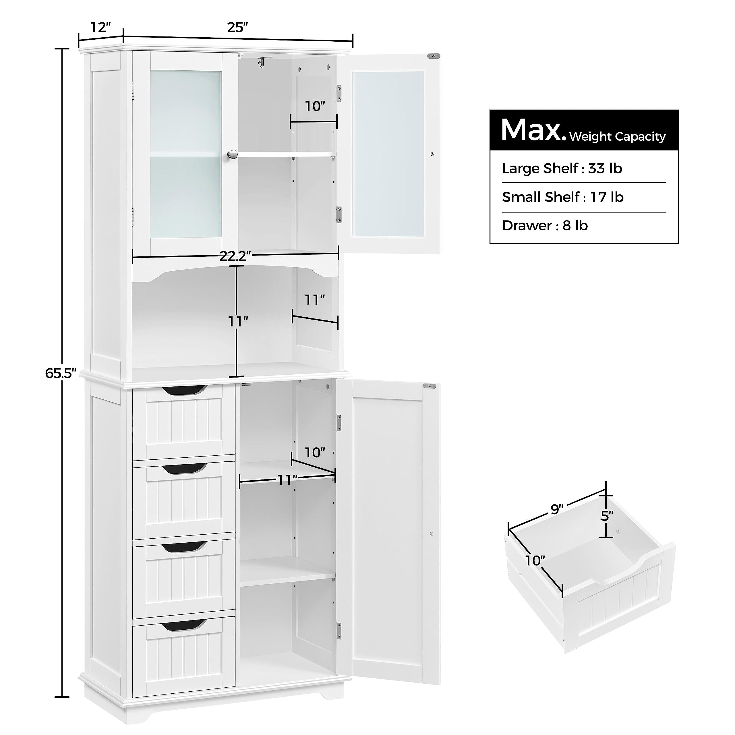 Topeakmart 65.5″ Tall Storage Cabinet Kitchen Cupboard with Glass Door Freestanding Floor Cabinet with Open Compartment, Drawer, Adjustable Shelf for Bathroom, Kitchen, Living Room