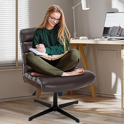 Home Office Desk Chair PU Leather, Excutive Computer Chair No Wheels Modern Office Chair for Bedroom, Game, Study, Brown