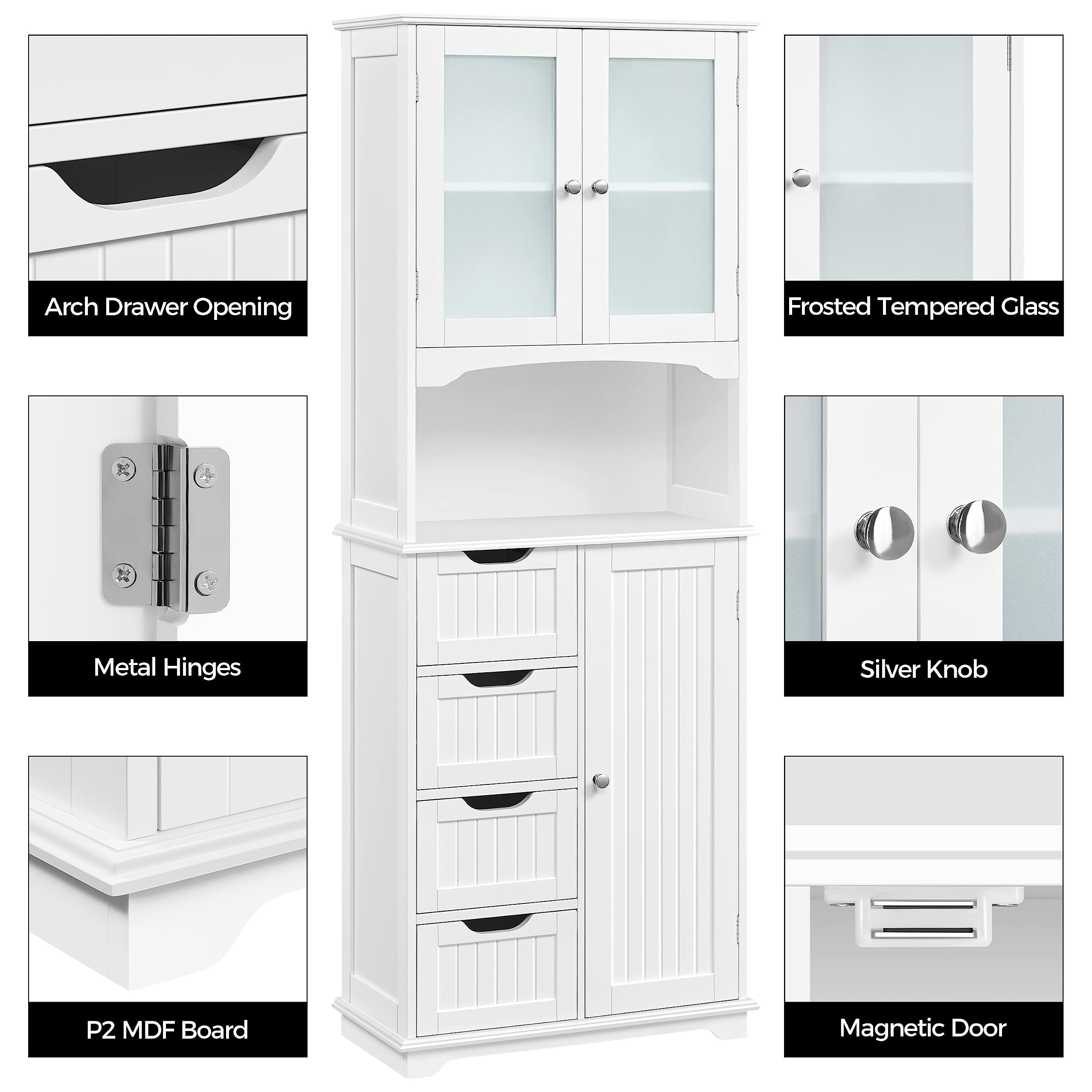 Topeakmart 65.5″ Tall Storage Cabinet Kitchen Cupboard with Glass Door Freestanding Floor Cabinet with Open Compartment, Drawer, Adjustable Shelf for Bathroom, Kitchen, Living Room
