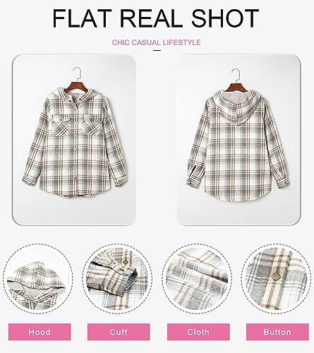 Dokotoo Womens Casual Jackets Winter Warm Thick Fleece Lined Plaid Hooded Jacket Teddy Bear Button Down Sherpa Fluffy Long Sleeve Shacket Flannel Shirts Cute Fall Coat Outwear with Pockets Gray Large