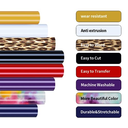 HTV Heat Transfer Vinyl Bundle (8 Packs) - 6 Packs 12" x3.3FT and 2 Packs 9.8" x 3.3FT HTV Vinyl Rolls for T-Shirt, Halloween Vinyl for T-Shirts Fabric DIY Craft