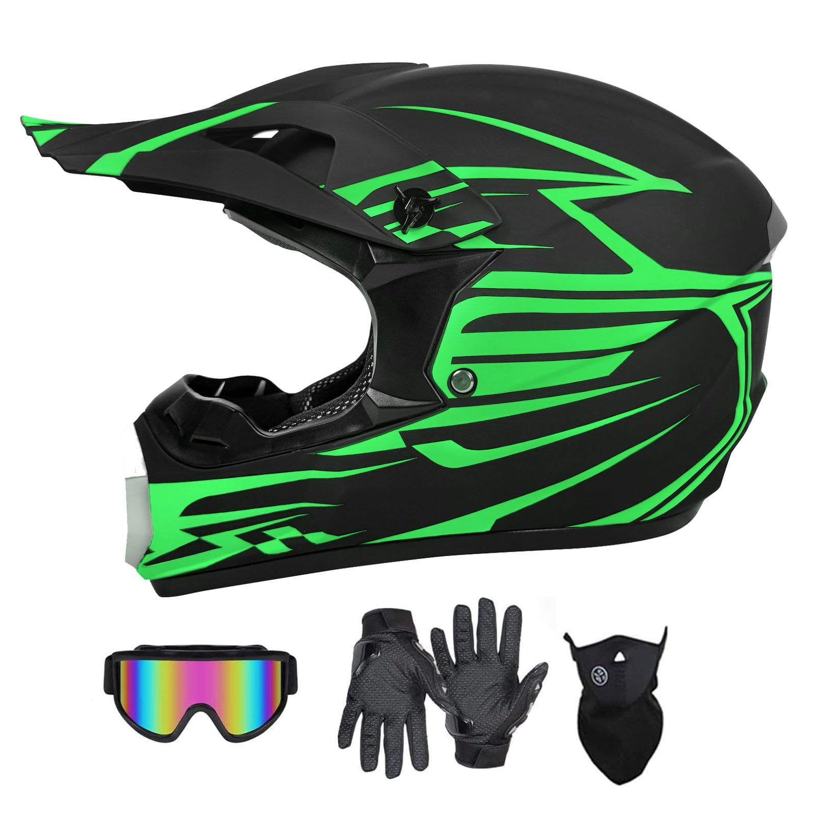 Youth Kids Motocross Dirt Bike Helmet DOT Approved ATV Motorcycle Full Face Helmet Kids Four-Wheeler Offroad Street MX Helmet with Gloves,Goggles,Face Shield 4-Piece Set (Green, Small)