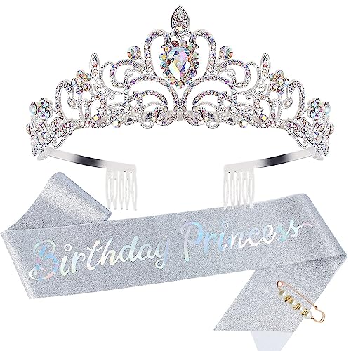 LATFZ 'Birthday Princess' Silver Sash & Rhinestone Tiara Set, Silver Birthday Sash & Crystal Crown Kit for Birthday Party Favor Supply