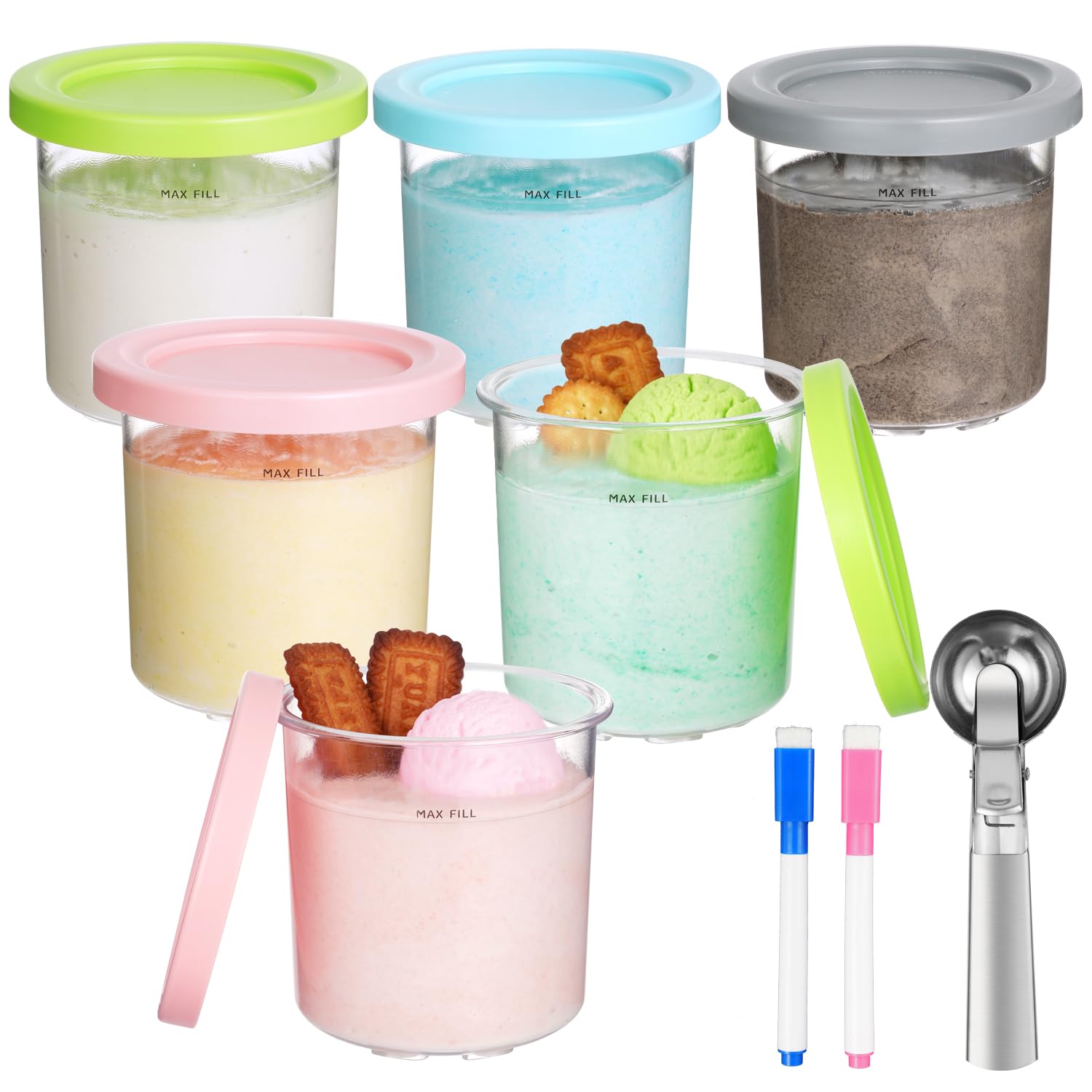 QUSTIOS Ice Cream Pints, 6 Pack Containers with Lids Replacements for Ninja Creami Pints, Compatible with NC301 NC300 NC299AMZ Series Ice Cream Maker, Dishwasher Safe & Leak Proof Creami Containers