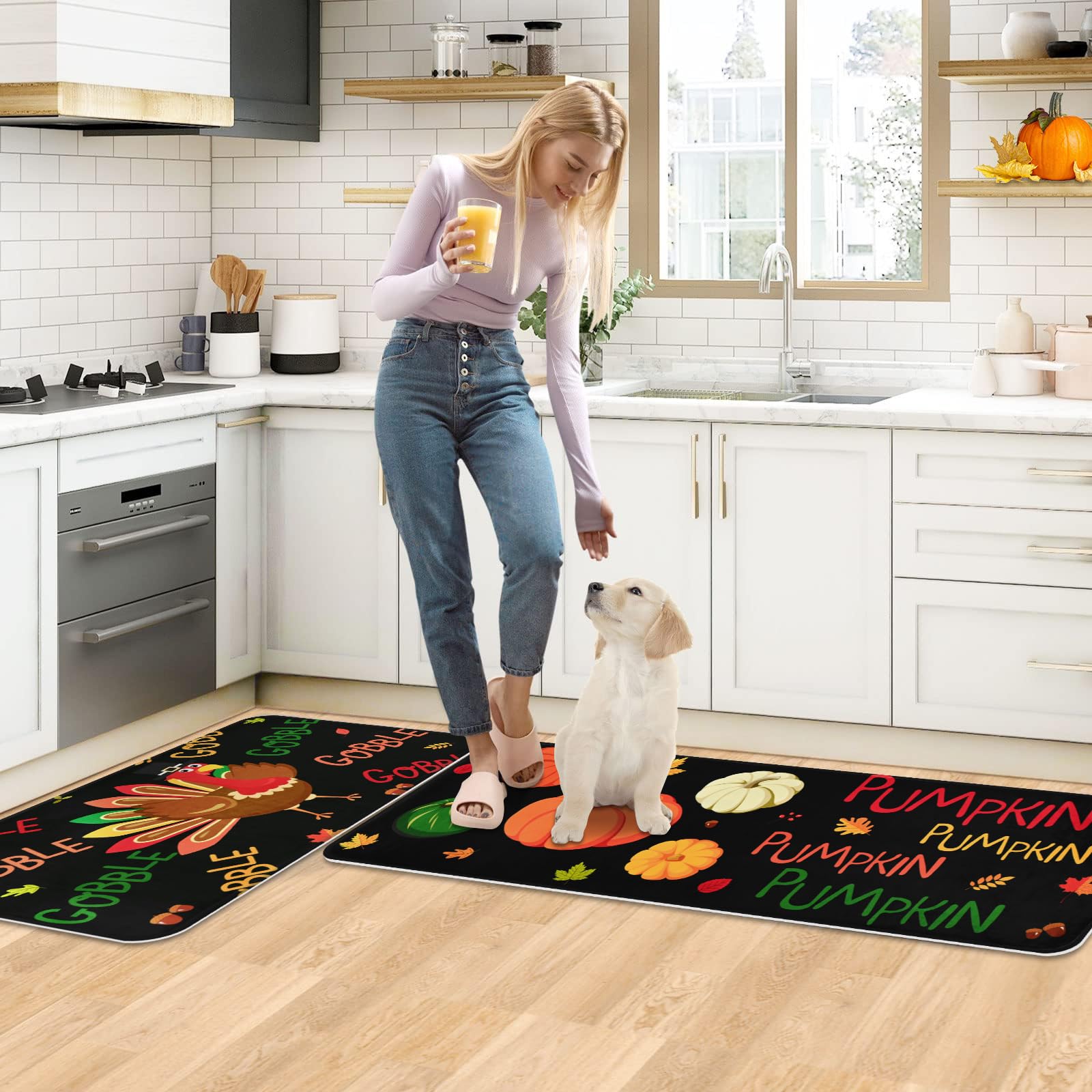 ASPMIZ Thanksgiving Fall Kitchen Mats Set of 2, Fall Pumpkin Kitchen Mats for Floor, Washable Turkey Kitchen Runner Rug with Non Slip Rubber Backing, Fall Rugs Indoor Decor, 18'' x 30'' + 18'' x 48''
