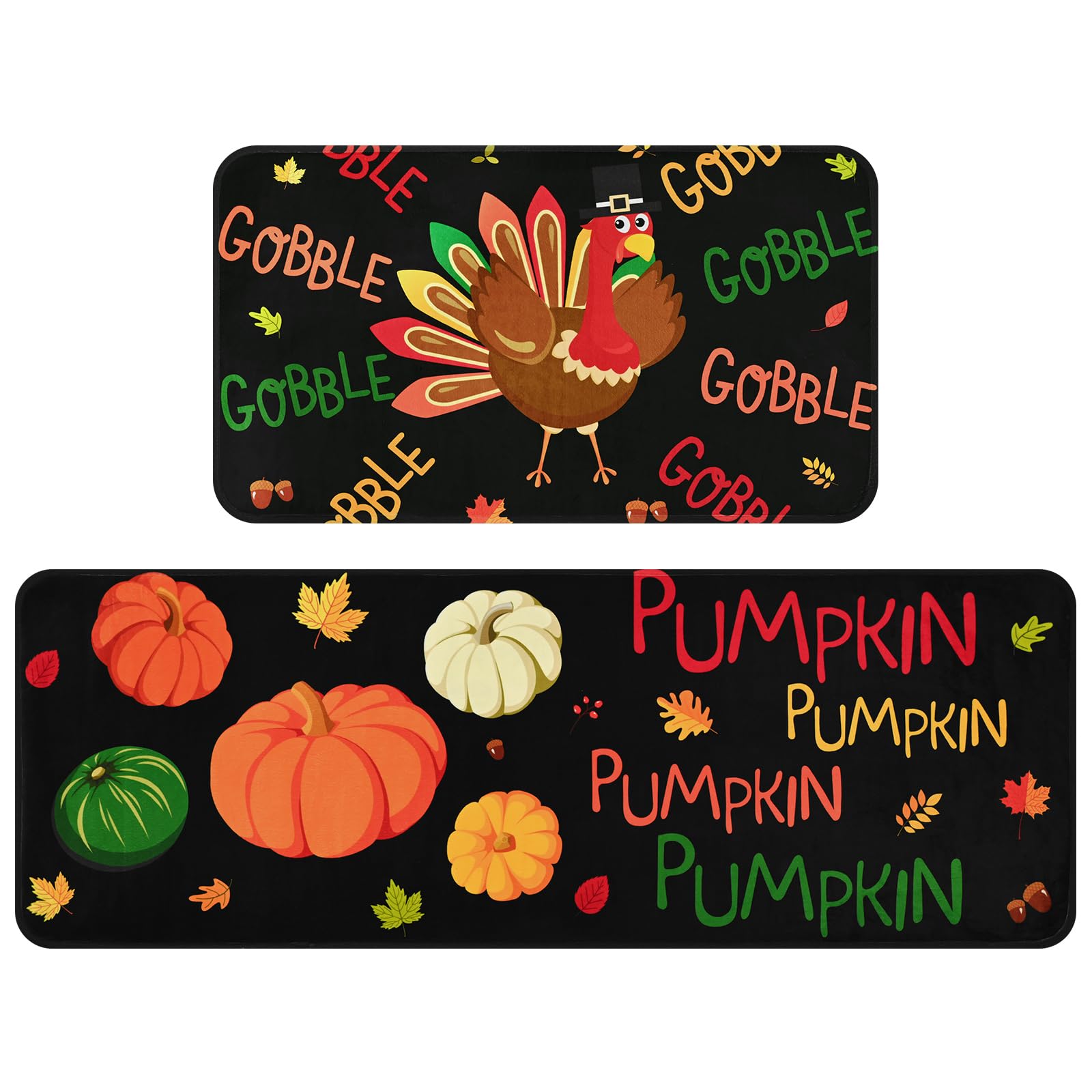 ASPMIZ Thanksgiving Fall Kitchen Mats Set of 2, Fall Pumpkin Kitchen Mats for Floor, Washable Turkey Kitchen Runner Rug with Non Slip Rubber Backing, Fall Rugs Indoor Decor, 18'' x 30'' + 18'' x 48''