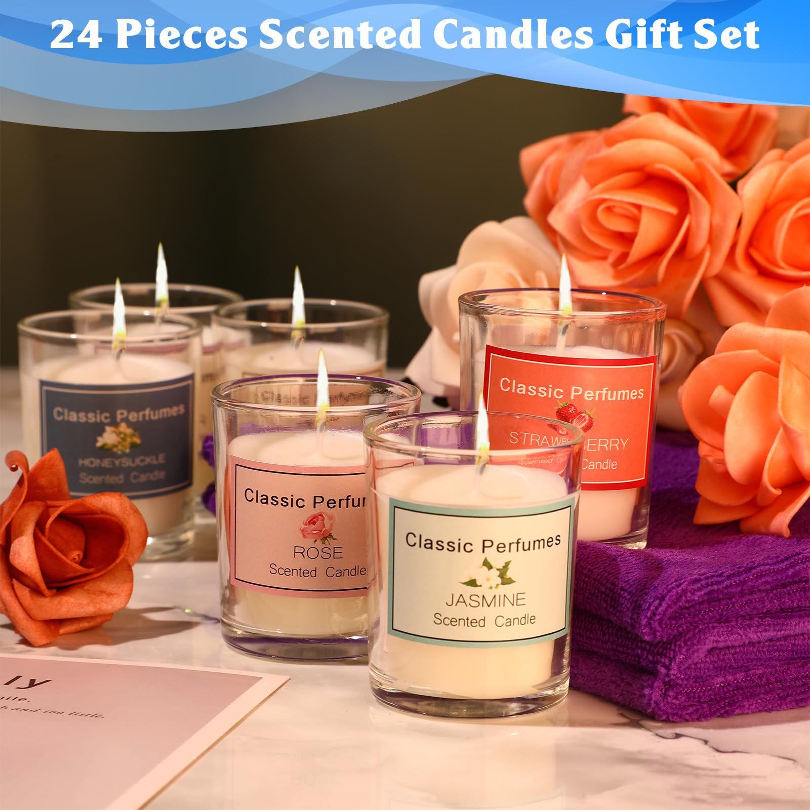 MTLEE 24 Pieces Candles for Home Scented Candles Gift Set for Women Bulk 6 Fragrances 1.8 oz Long Lasting Aromatherapy Jar Candles for Teacher Birthday Thanksgiving Anniversary Christmas