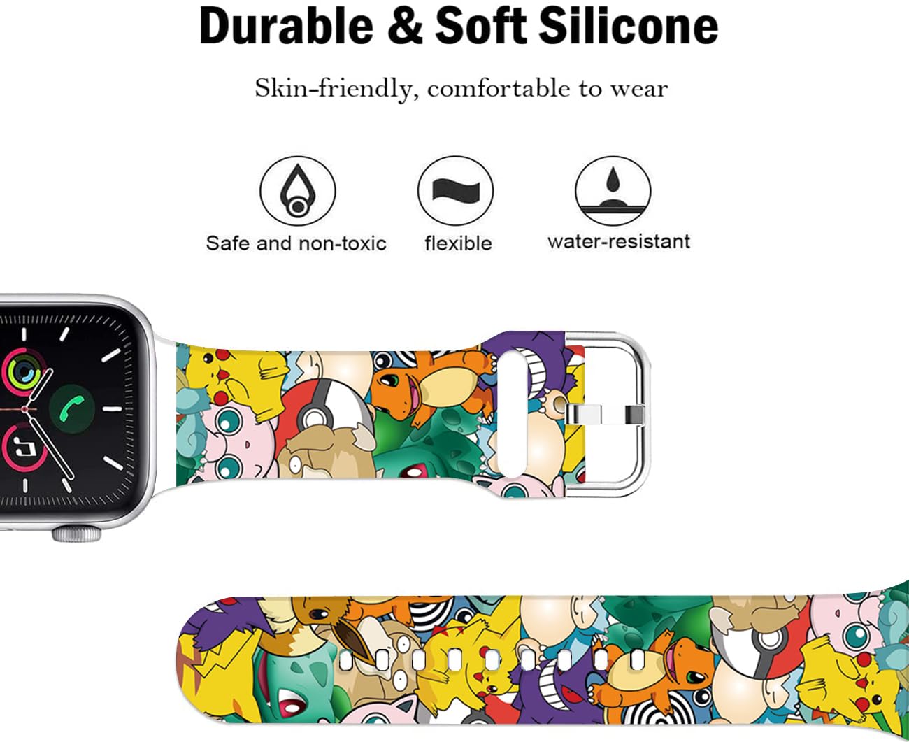 Hepsun Compatible with Apple Watch Band Pikacu Dinosaur 38mm/40mm/41mm/42mm(Series10),Soft Silicone Magic Fancy Strap Compatible with iWatch Series SE 10 9 8 7 6 5 4 3 2 1 Men Women