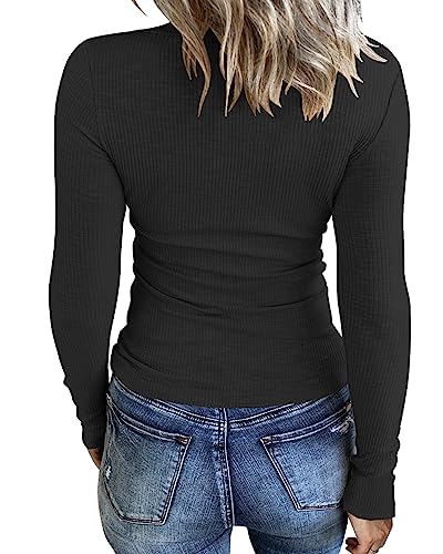KINLONSAIR Women Casual Long Sleeve Tunic V-Neck Slim Fit T Shirts Basic Tee Tops Crew Neck Ribbed Knit Solid Shirt Black