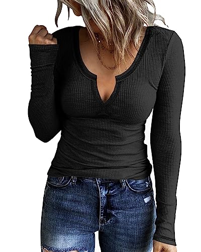 KINLONSAIR Women Casual Long Sleeve Tunic V-Neck Slim Fit T Shirts Basic Tee Tops Crew Neck Ribbed Knit Solid Shirt Black