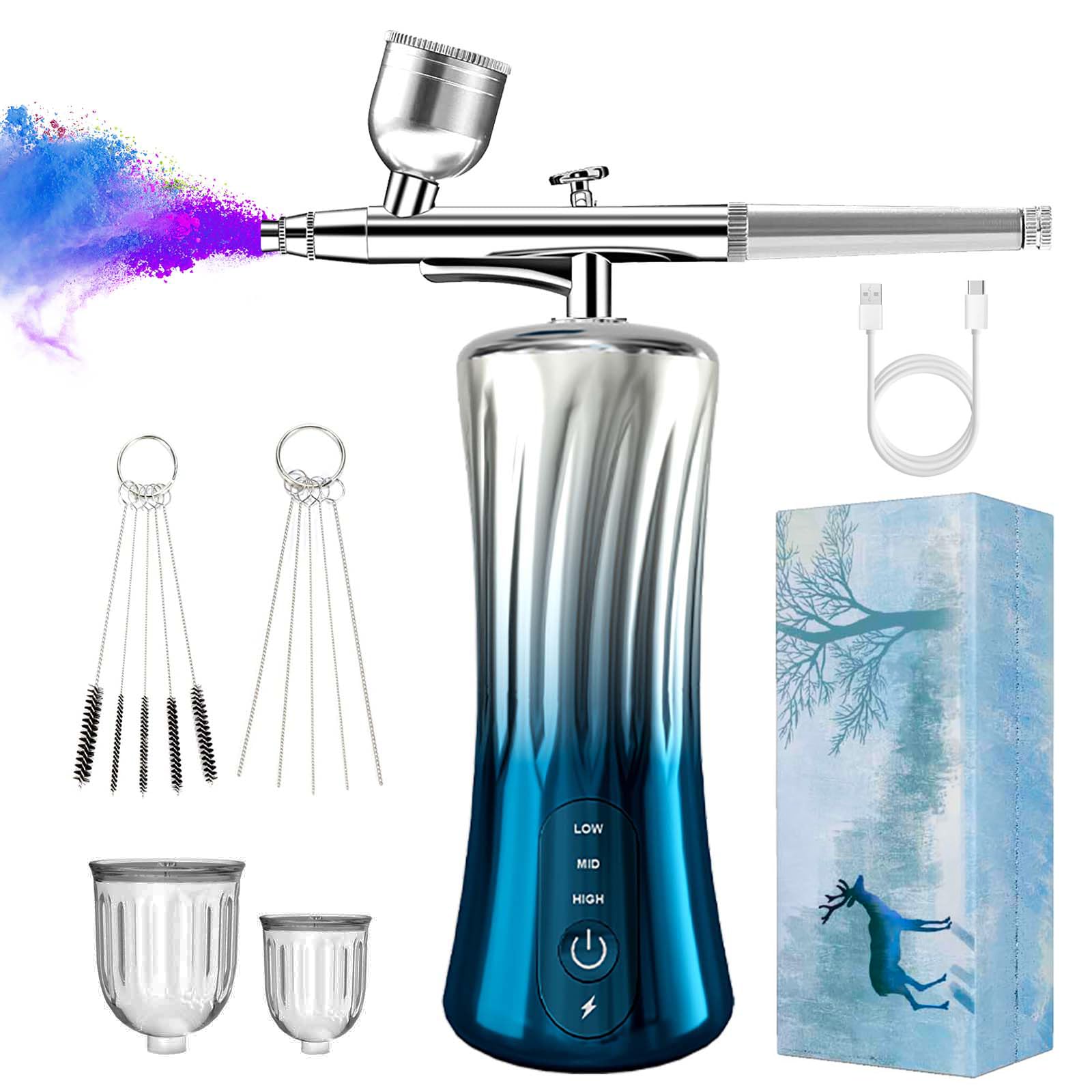 Airbrush Kit with Compressor, Portable Handheld Cordless Airbrush Gun with 0.3mm & 0.5mm Nozzle, Cordless Air Brush for Nails Art, Painting, Cake Decor, Cookie, Model, Makeup, Barber