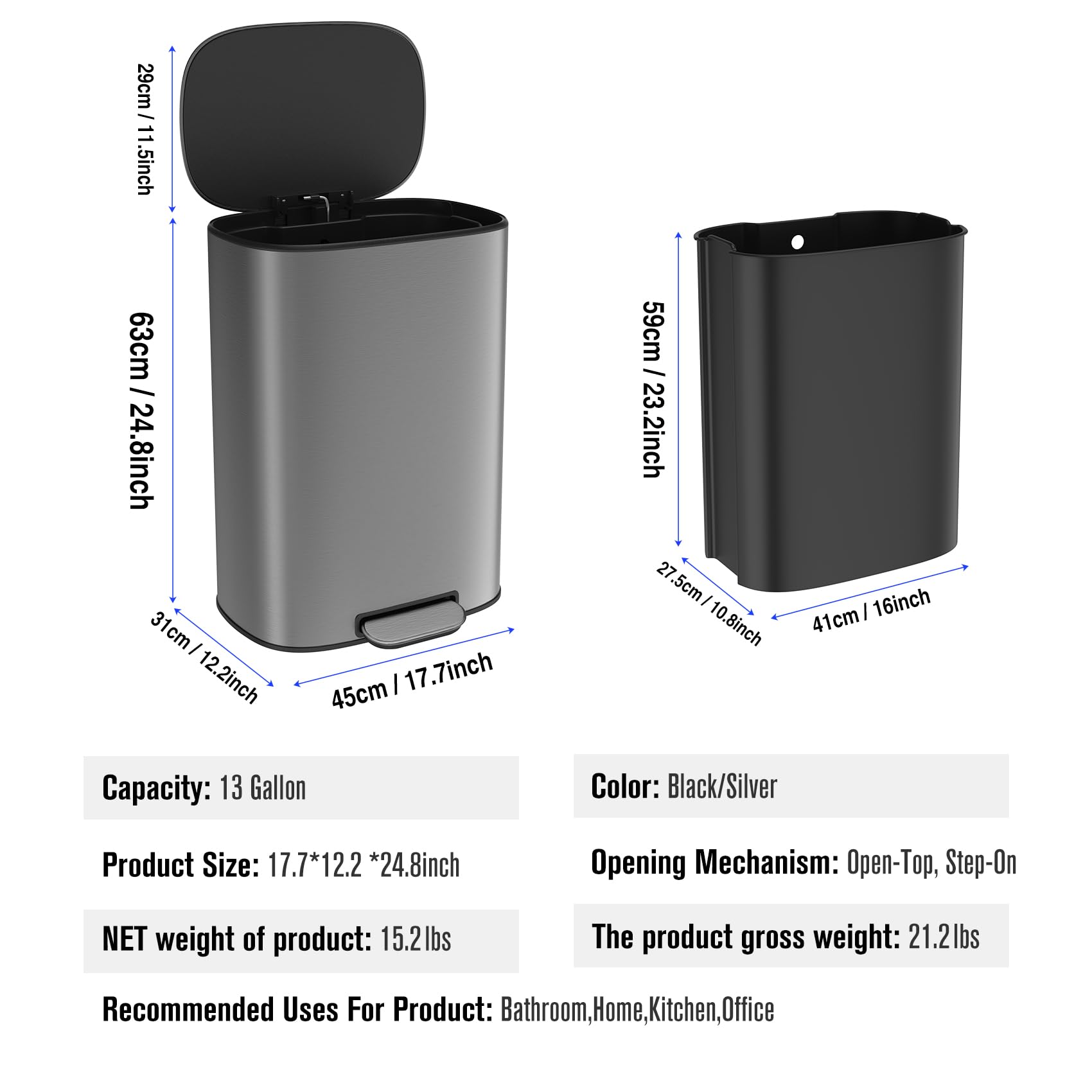 Pouseayar 13 Gallon Stainless Steel Trash Can, Silver Gray, 12.2"L x 17.7"W x 24.8"H