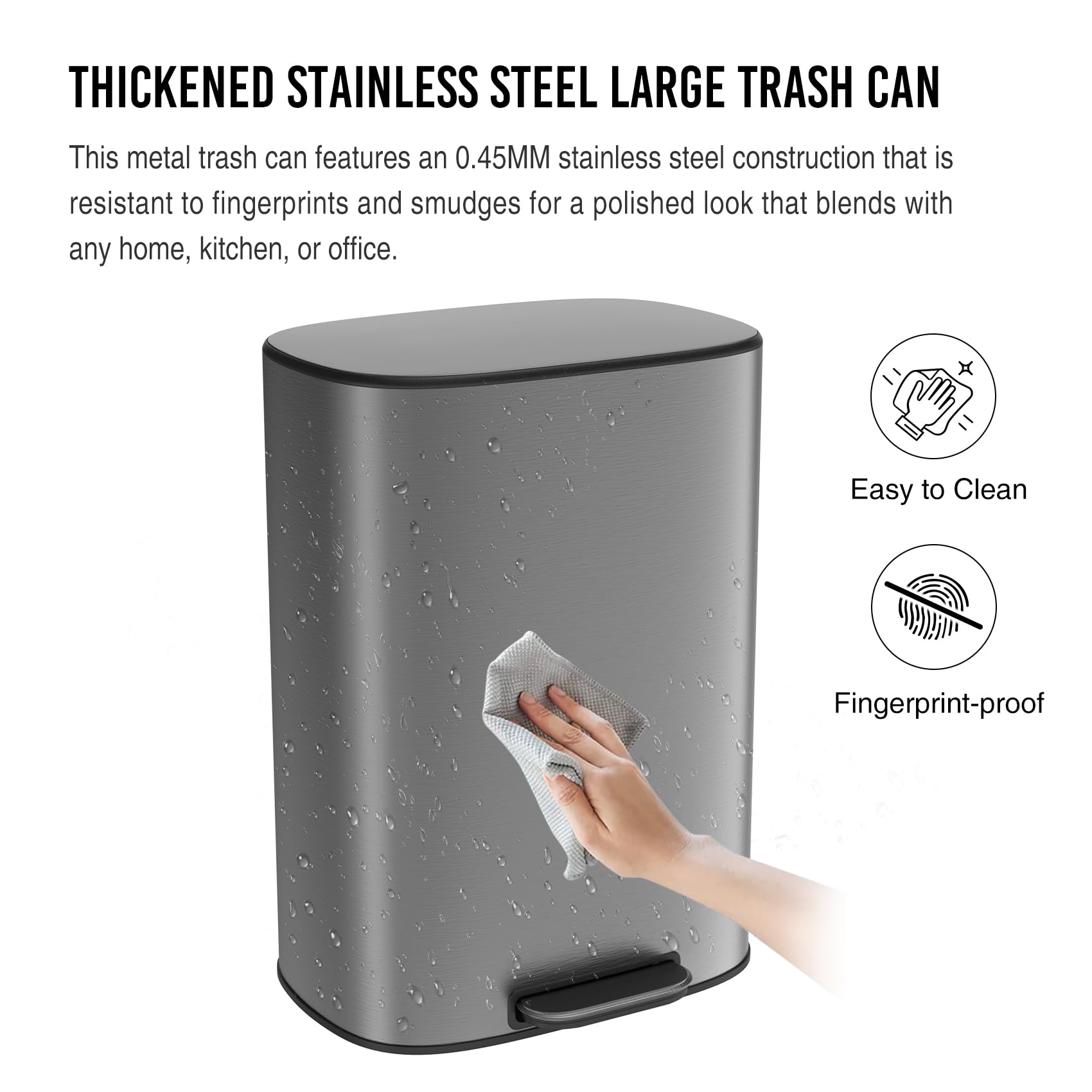 Pouseayar 13 Gallon Stainless Steel Trash Can, Silver Gray, 12.2"L x 17.7"W x 24.8"H