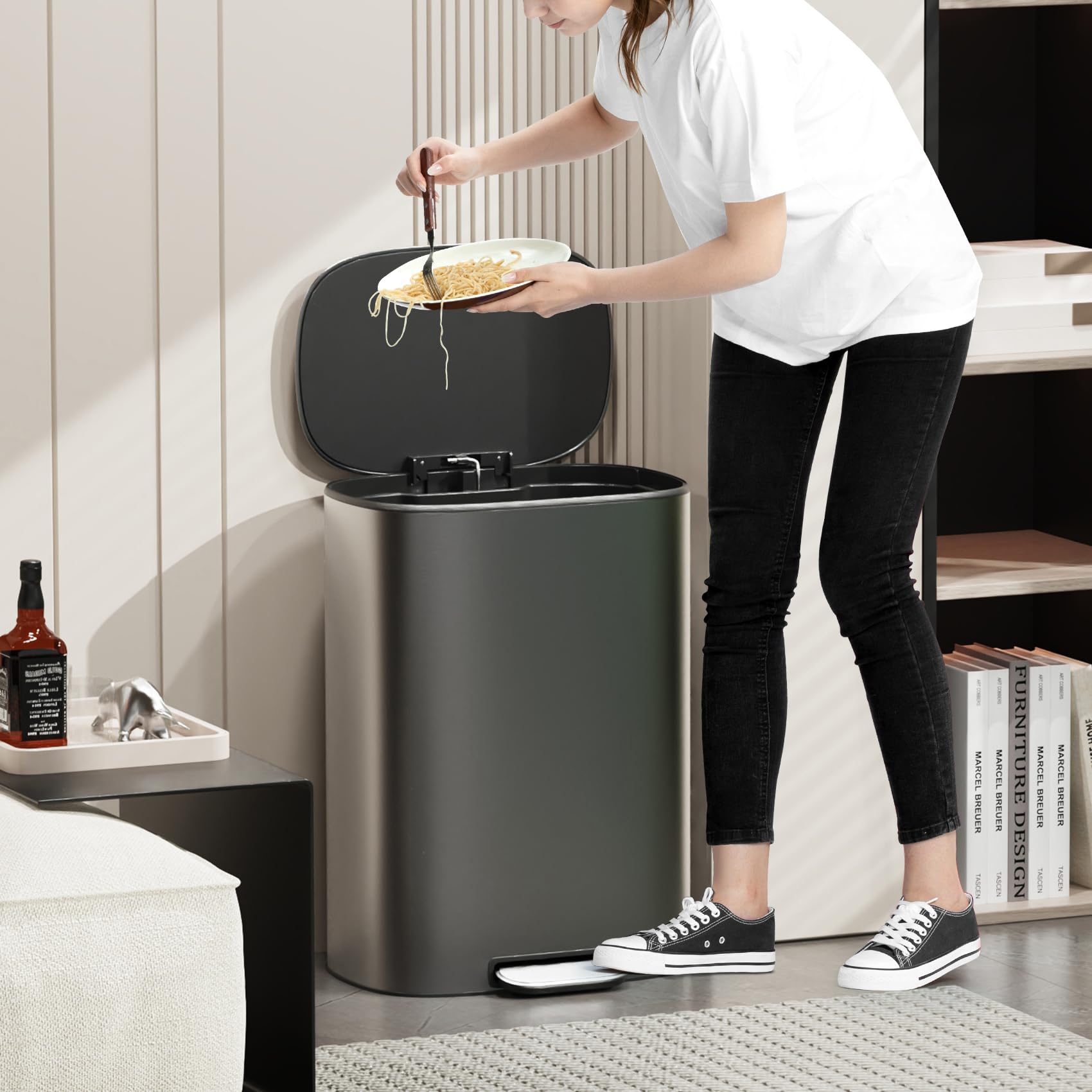 Pouseayar 13 Gallon Stainless Steel Trash Can, Silver Gray, 12.2"L x 17.7"W x 24.8"H