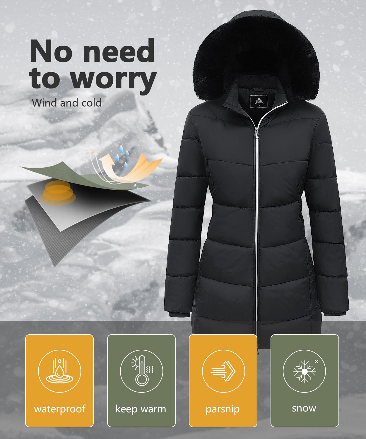MOERDENG Women's Winter Windproof Warm Down Coats Waterproof Thicken Hooded fashions Puffer Jacket Black 01-L