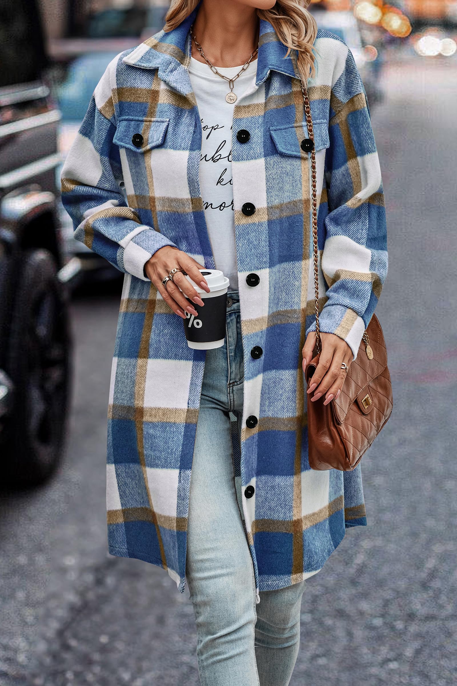 PRETTYGARDEN Women's Plaid Shacket 2025 Long Sleeve Button Up Flannel Shirt Winter Tartan Jacket Woolen Coats (Plaid Blue White,Medium)