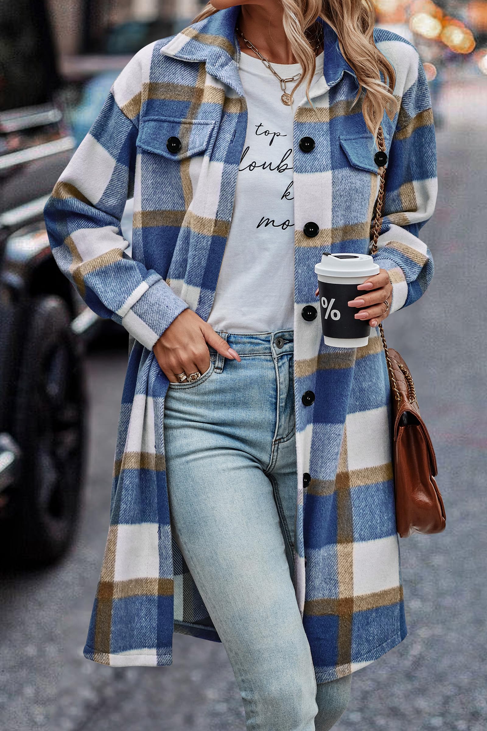 PRETTYGARDEN Women's Plaid Shacket 2025 Long Sleeve Button Up Flannel Shirt Winter Tartan Jacket Woolen Coats (Plaid Blue White,Medium)