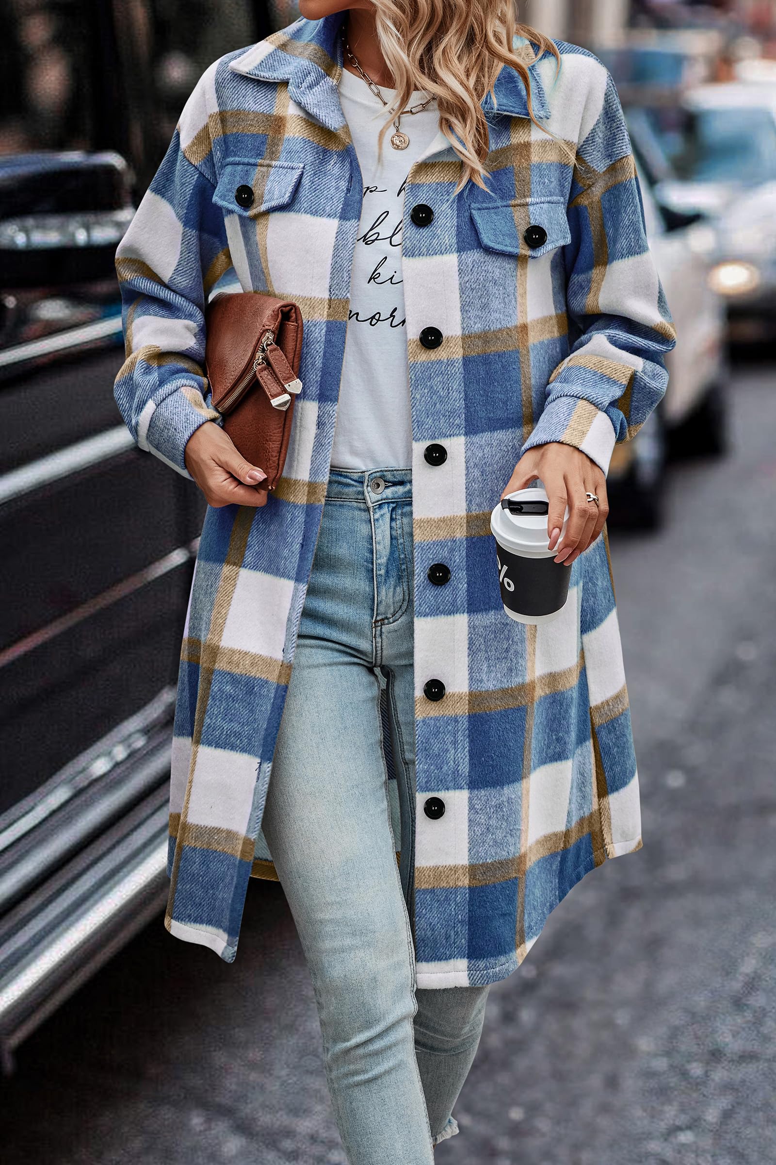PRETTYGARDEN Women's Plaid Shacket 2025 Long Sleeve Button Up Flannel Shirt Winter Tartan Jacket Woolen Coats (Plaid Blue White,Medium)