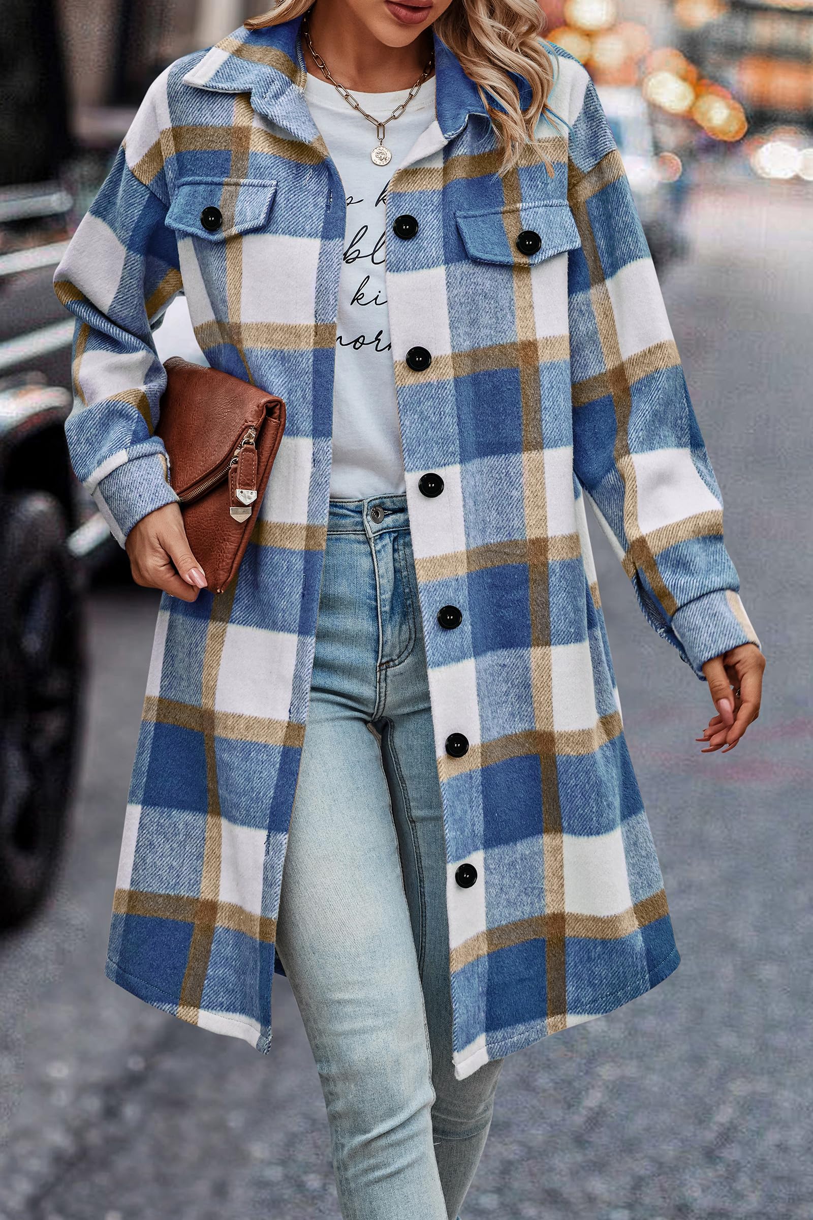 PRETTYGARDEN Women's Plaid Shacket 2025 Long Sleeve Button Up Flannel Shirt Winter Tartan Jacket Woolen Coats (Plaid Blue White,Medium)