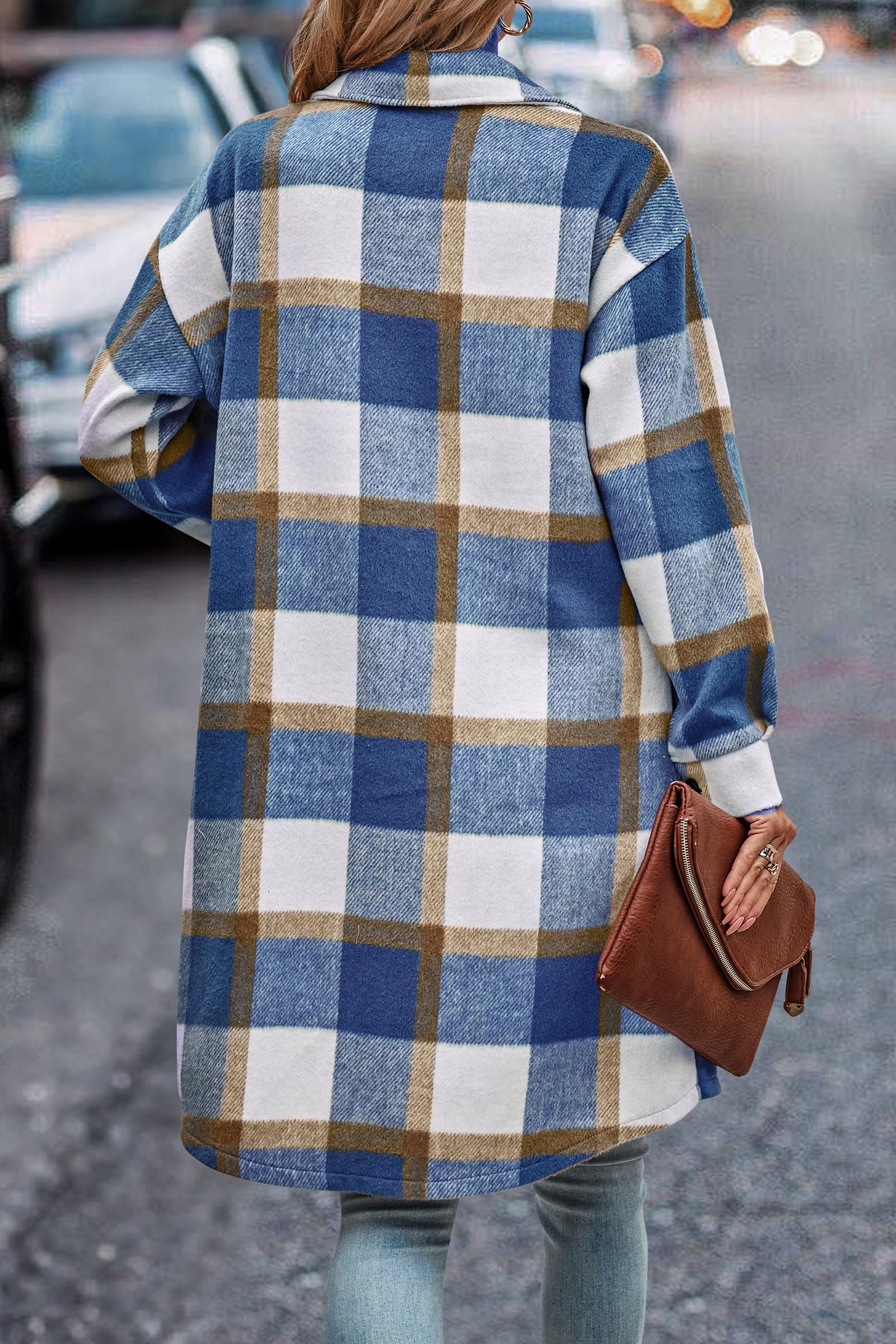 PRETTYGARDEN Women's Plaid Shacket 2025 Long Sleeve Button Up Flannel Shirt Winter Tartan Jacket Woolen Coats (Plaid Blue White,Medium)