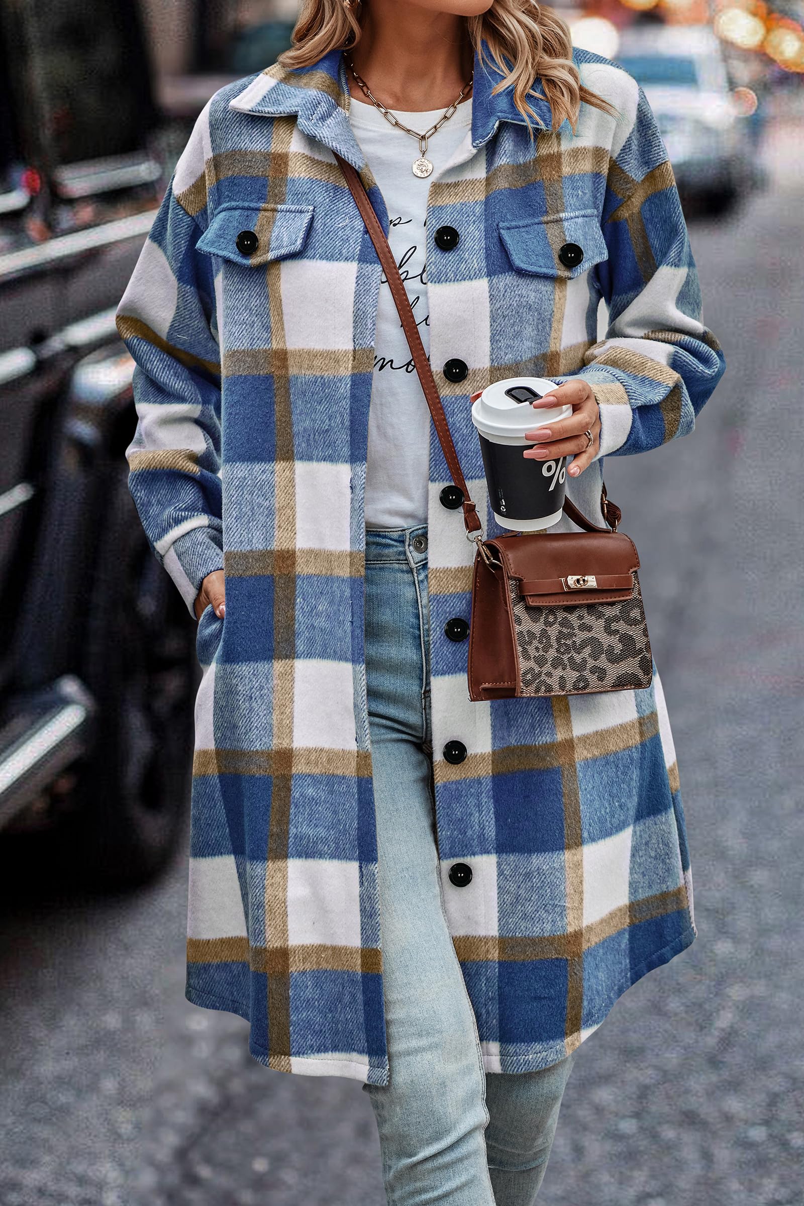 PRETTYGARDEN Women's Plaid Shacket 2025 Long Sleeve Button Up Flannel Shirt Winter Tartan Jacket Woolen Coats (Plaid Blue White,Medium)