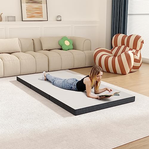 4 inch Memory Foam Tri Folding Mattress/Portable Foldable Mattress Topper with Washable Cover Non-Slip Bottom for Camping, Guest, Floor RV, CertiPUR-US Certified,Small Twin