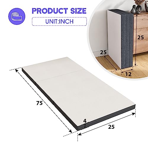4 inch Memory Foam Tri Folding Mattress/Portable Foldable Mattress Topper with Washable Cover Non-Slip Bottom for Camping, Guest, Floor RV, CertiPUR-US Certified,Small Twin