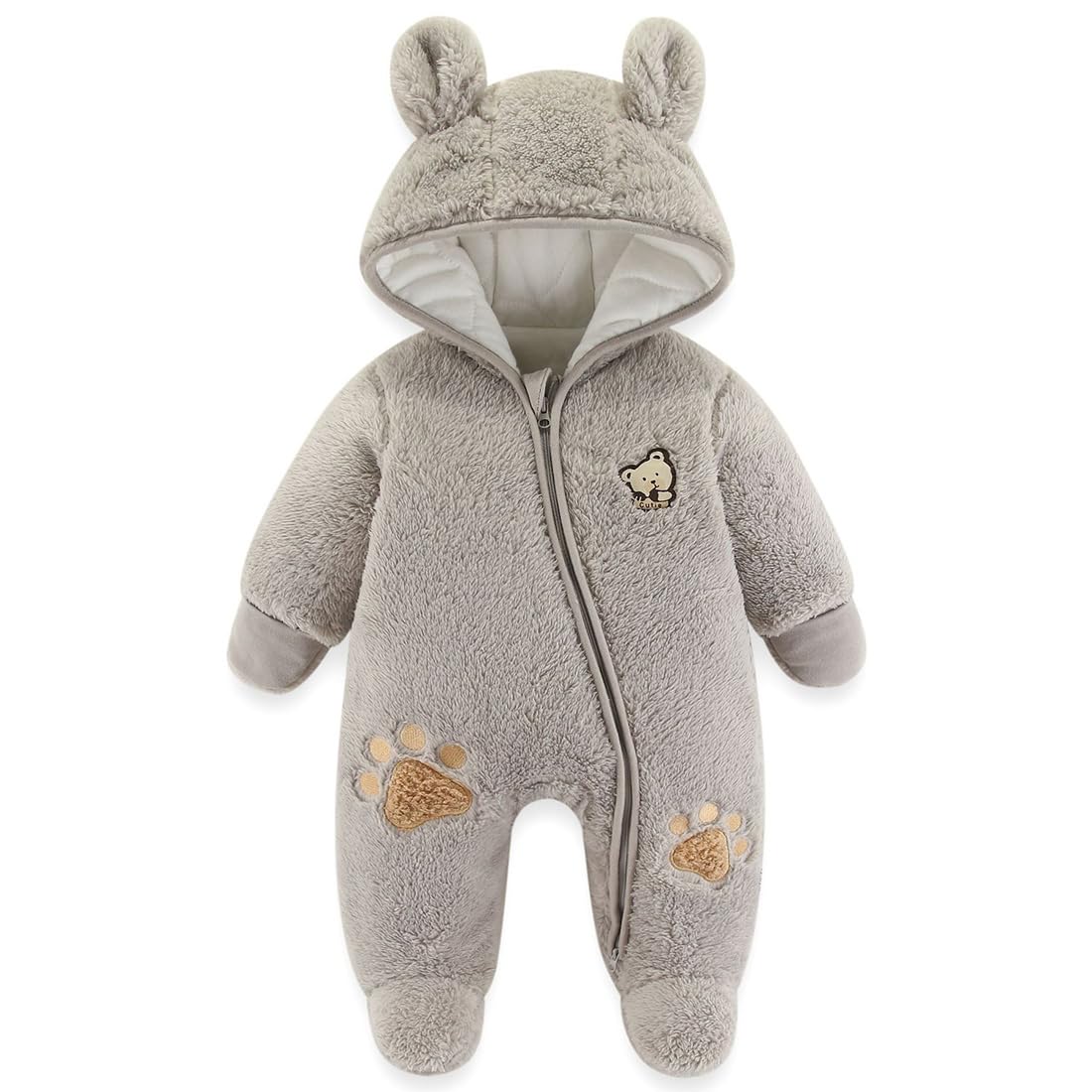 Fairy Baby Newborn Baby Winter Snowsuit Bear One-Piece Hooded Romper Footie Fleece Jumpsuit Infant Girl Boy Grey 3-6M