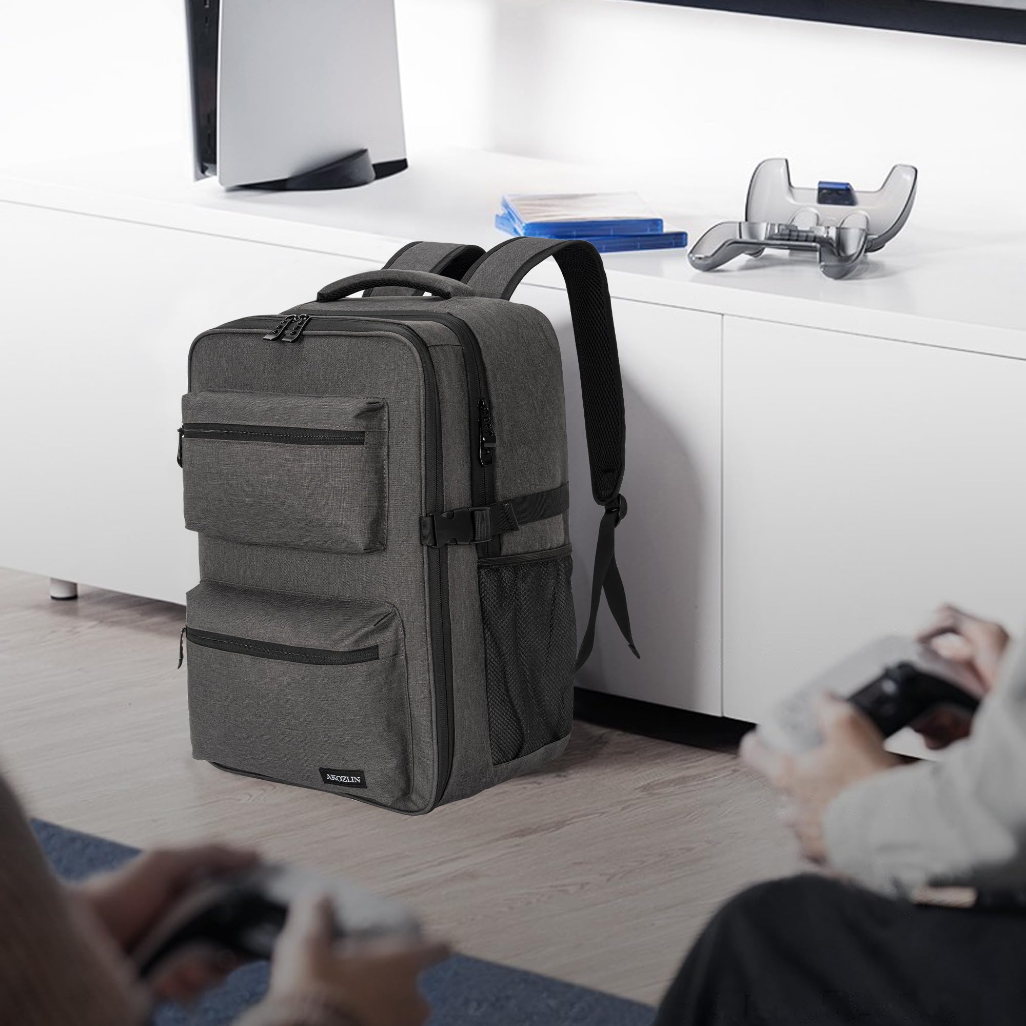 AKOZLIN Travel Gaming Console Backpack Compatible with Play Stantion 5 4 PS5/PS4/PS4 Pro/PS4 Slim/Xbox One X S Black With Pocket for Phone