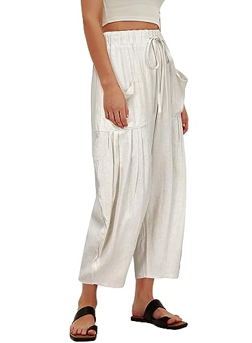 Beaully Women Linen Pants Palazzo Lounge Harem Wide Leg Pants Beach Long Trousers with Pockets 6094 Beige X-Large