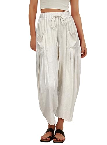 Beaully Women Linen Pants Palazzo Lounge Harem Wide Leg Pants Beach Long Trousers with Pockets 6094 Beige X-Large