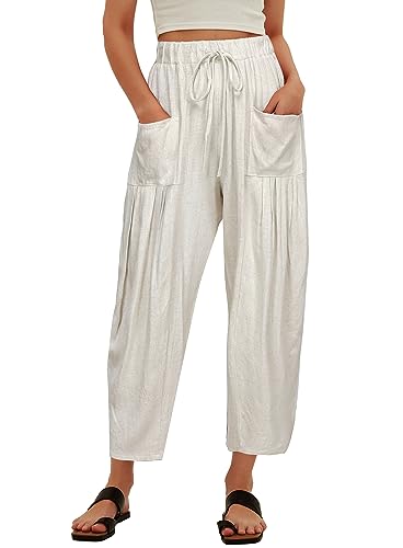 Beaully Women Linen Pants Palazzo Lounge Harem Wide Leg Pants Beach Long Trousers with Pockets 6094 Beige X-Large