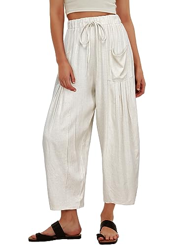 Beaully Women Linen Pants Palazzo Lounge Harem Wide Leg Pants Beach Long Trousers with Pockets 6094 Beige X-Large