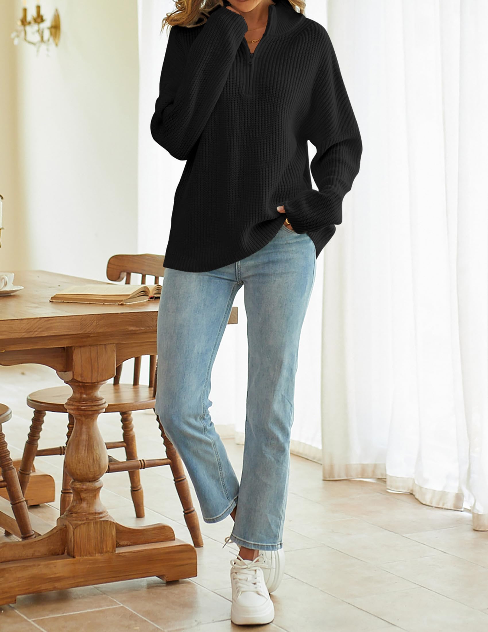 MEROKEETY Women's 2024 Long Sleeve Chunky Knit Sweaters 1/4 Zip Polo V Neck Casual Pullover Tops,Black,S