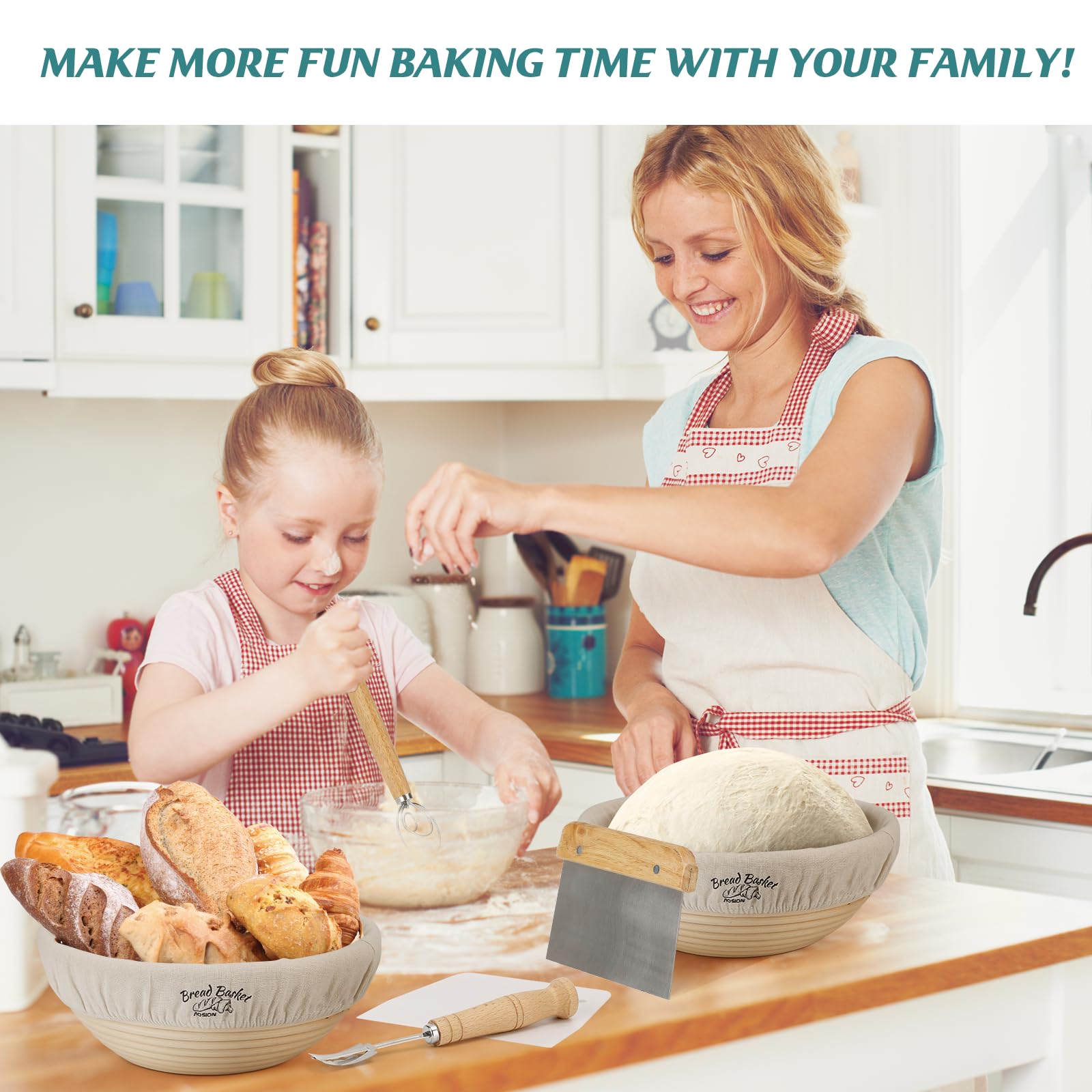 AOSION Banneton Bread Proofing Basket Set of 2,Sourdough Bread Kit,Two Round 9" Bannetons,Sourdough Proofing Basket for Bread Making Kit,Bread Making Tools and Supplies,Gift for Bakers
